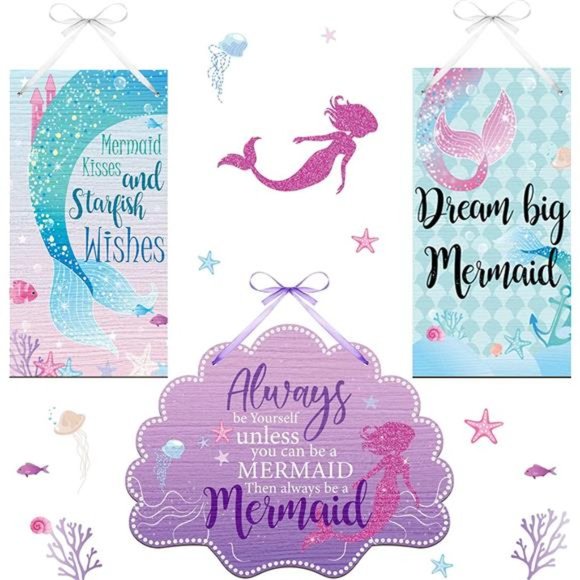 Wall Decor | 3 Pieces Mermaid Wood Sign Doubled Sided Printing Mermaid ...